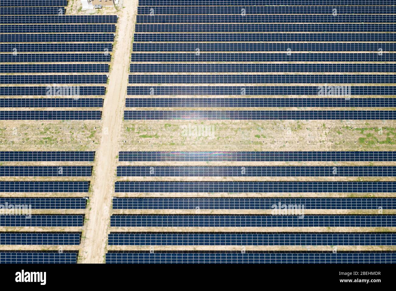 Aerial view of photovoltaic (PV) green solar ranch in the Antelope ...