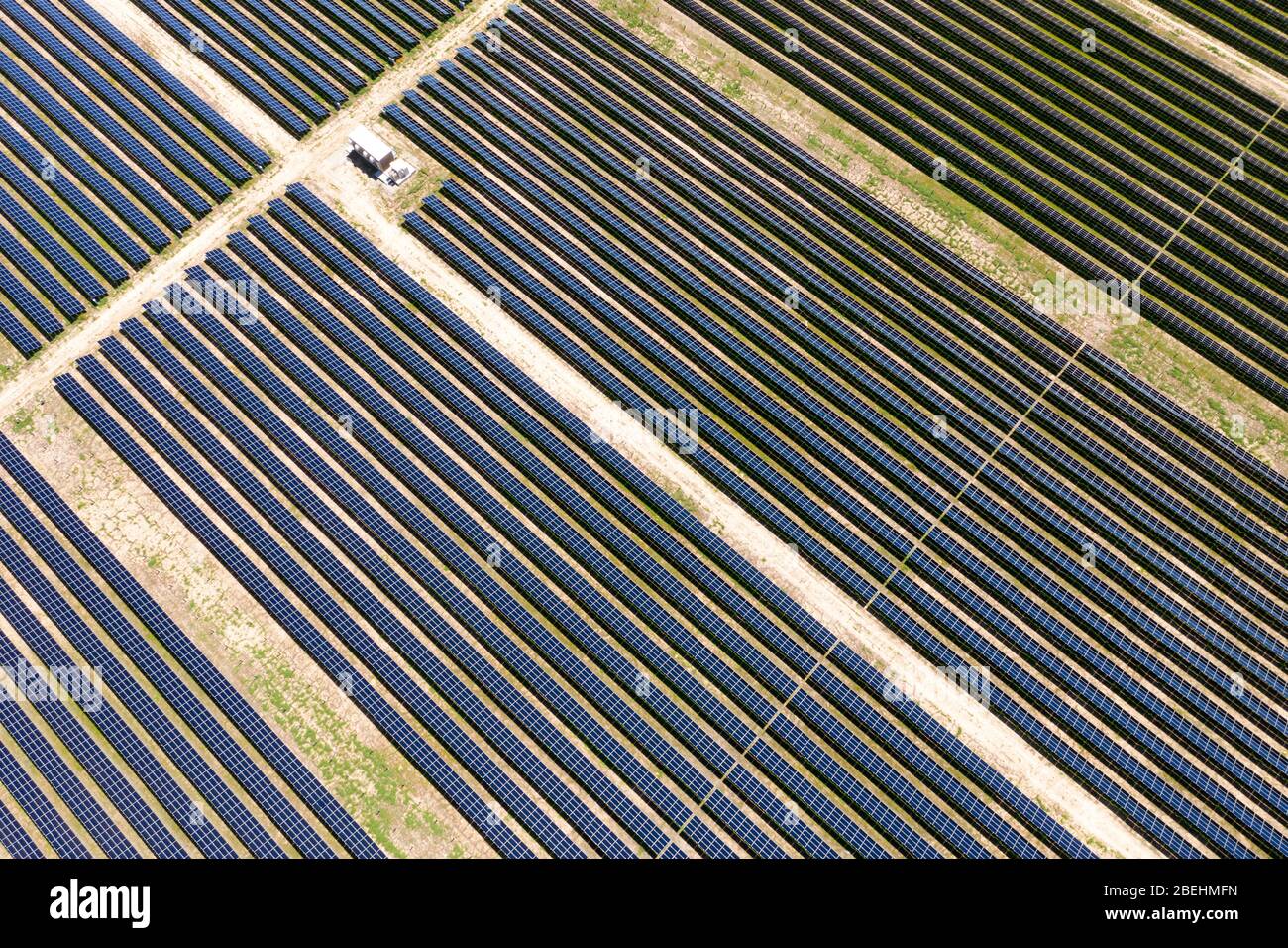 Aerial view of photovoltaic (PV) green solar ranch in the Antelope ...