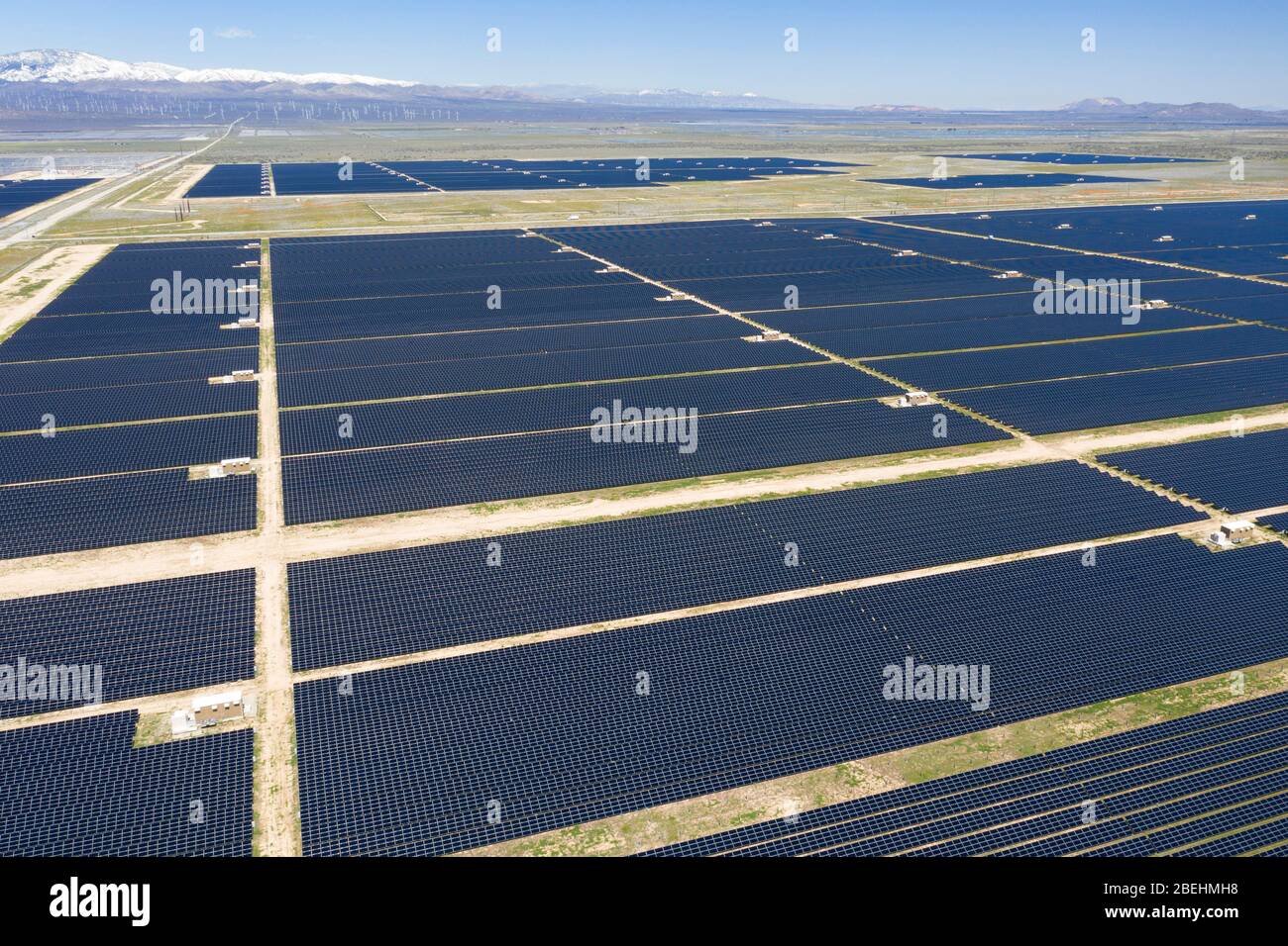 Aerial view of photovoltaic (PV) green solar ranch in the Antelope ...