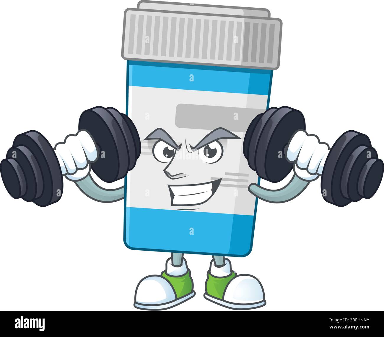 Fitness exercise medical bottle cartoon character using barbells Stock ...