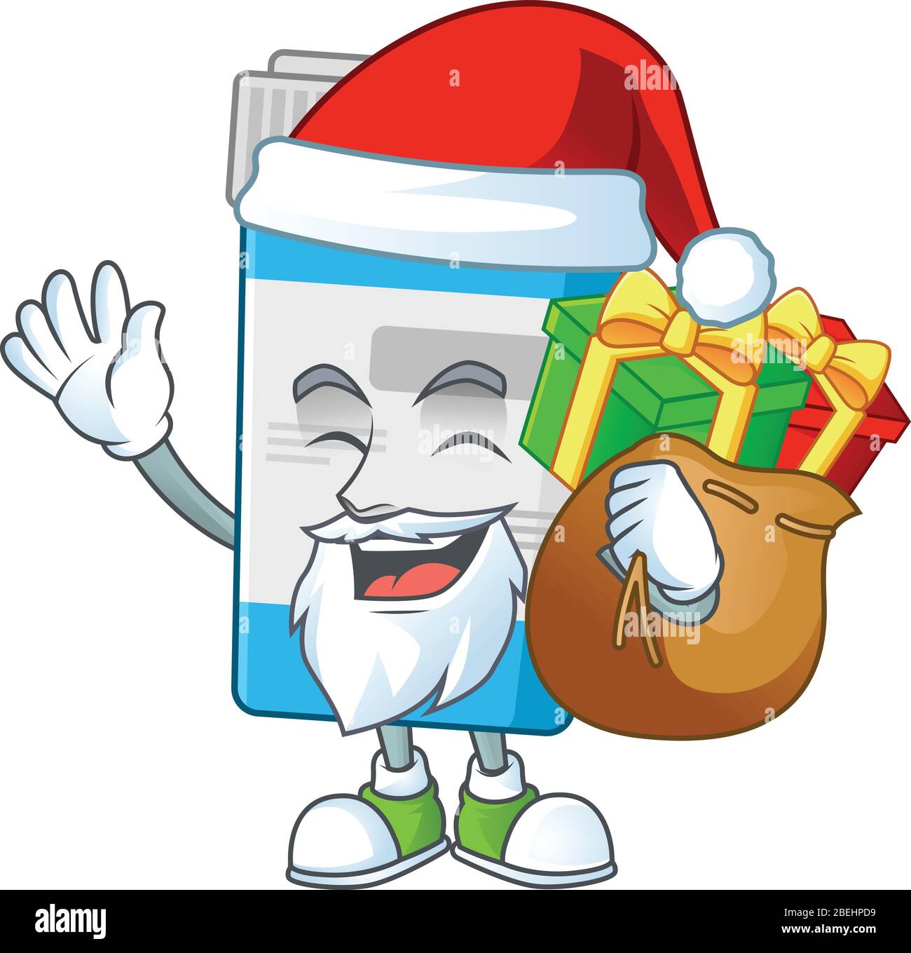Santa medical bottle Cartoon character design with sacks of gifts Stock ...