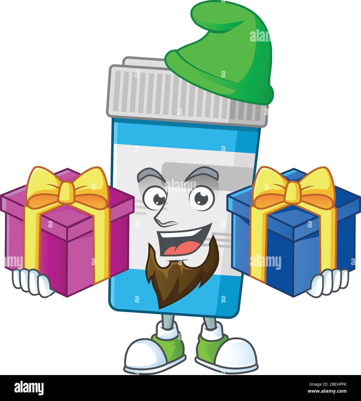 A smiling medical bottle cartoon design having Christmas gifts Stock ...