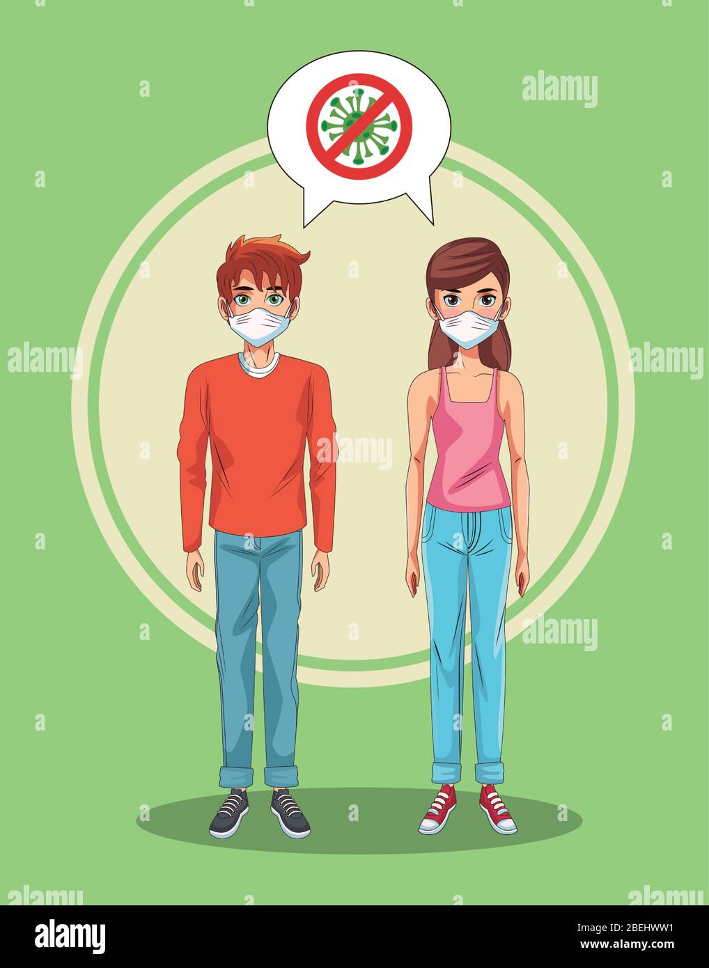 couple using face masks with stop covid19 signal Stock Vector Image ...