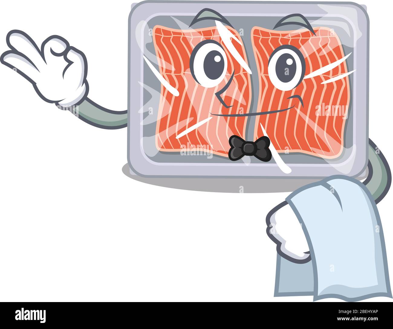 A cartoon character of frozen salmon waiter working in the restaurant ...