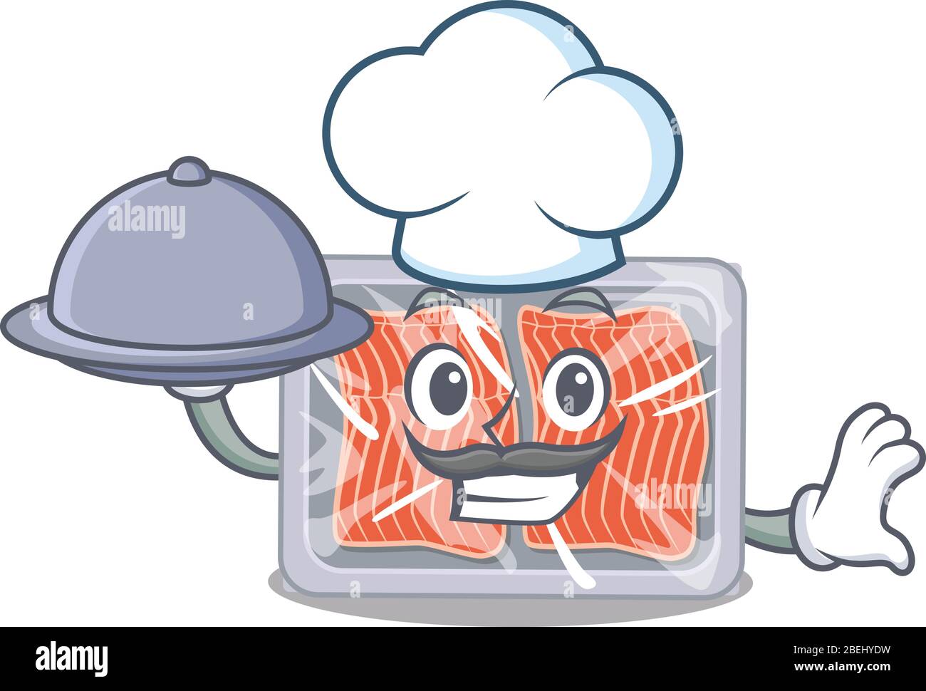 frozen salmon chef cartoon character serving food on tray Stock Vector ...