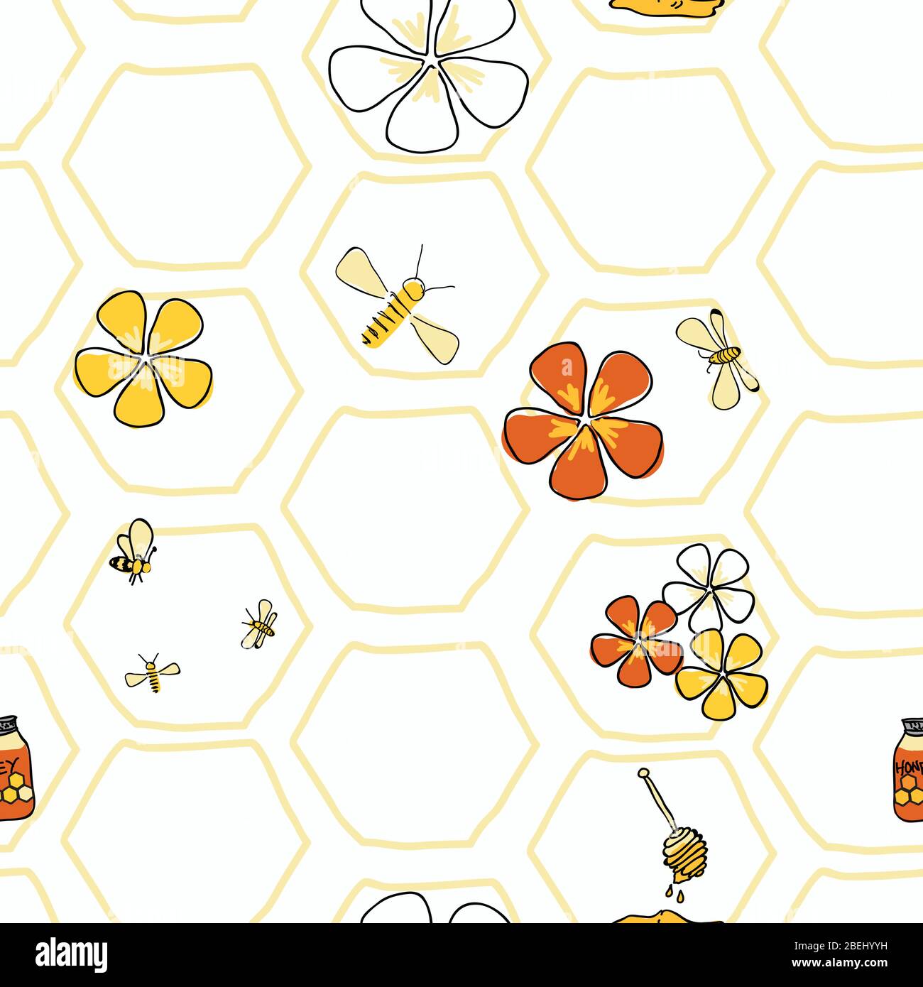 in the Honeycomb Bees and flowers seamless pattern Vector on white ...