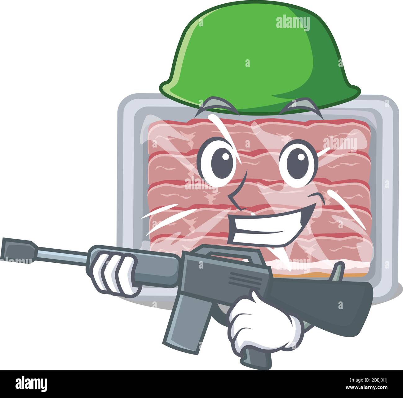 A cartoon picture of frozen smoked bacon in Army style with machine gun ...