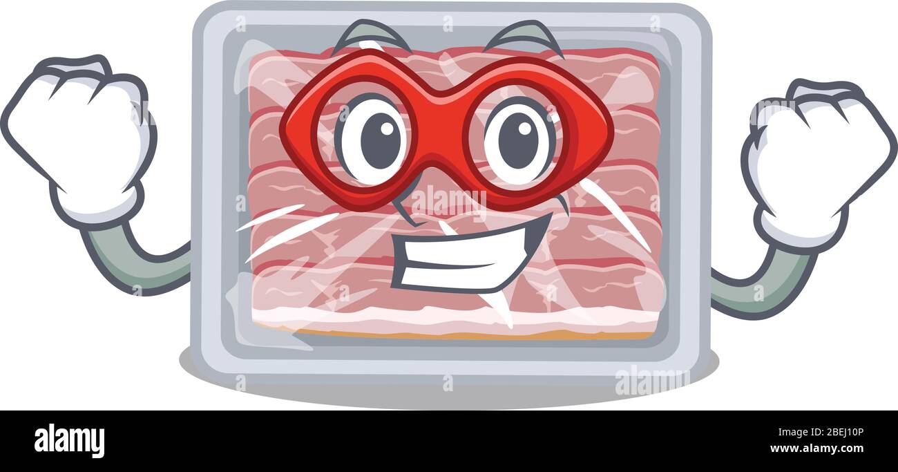 A cartoon character of frozen smoked bacon performed as a Super hero ...