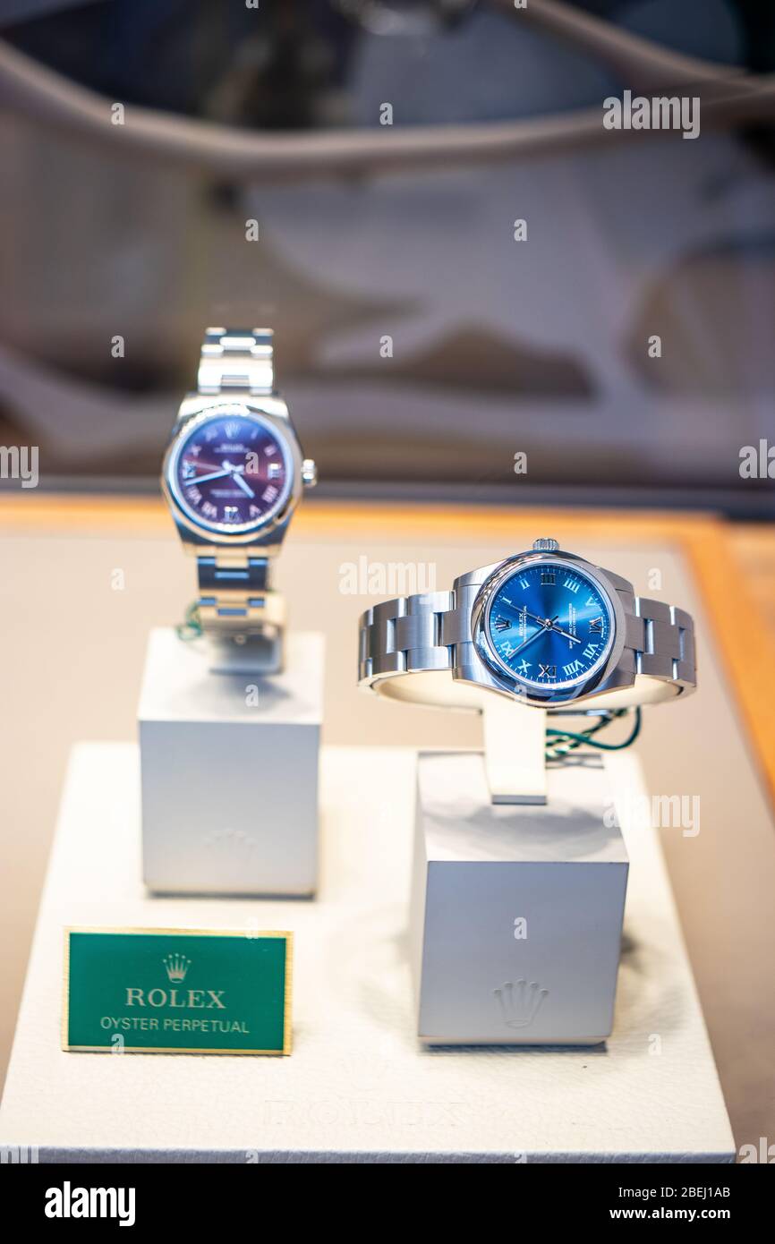 Brussels, Belgium, January 2020: Rolex window store with fashionable ...