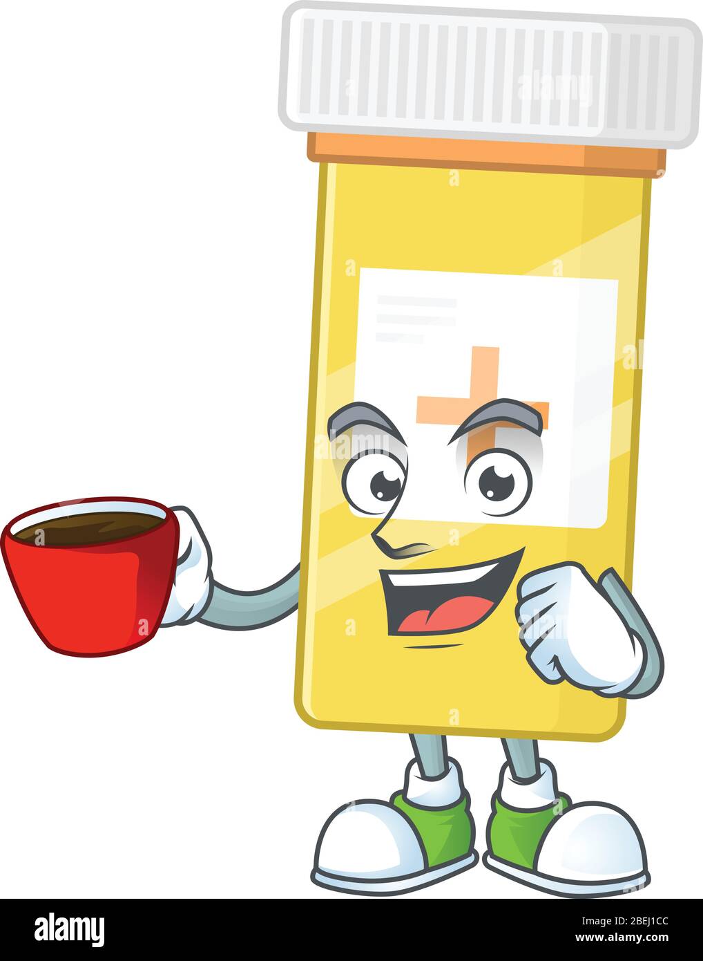 An image cartoon character of medicine bottle with a cup of coffee ...