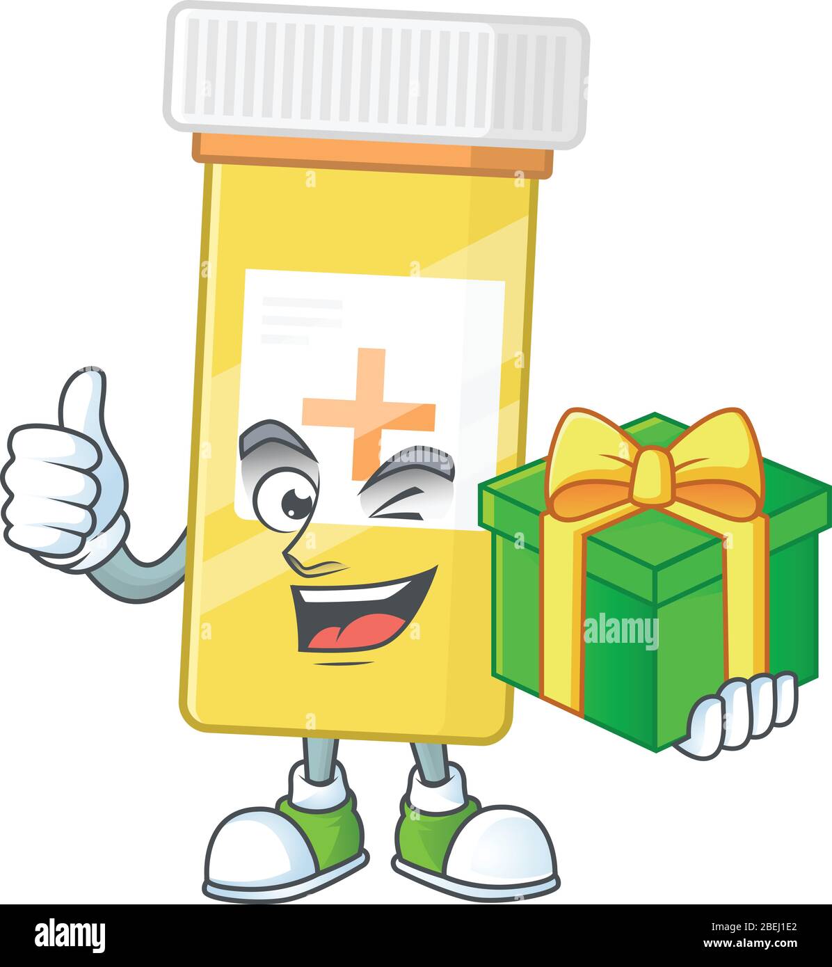 Smiley medicine bottle cartoon character holding a gift box Stock ...