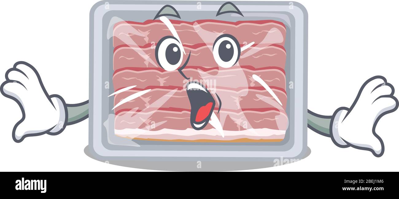 Cartoon design style of frozen smoked bacon has a surprised gesture ...