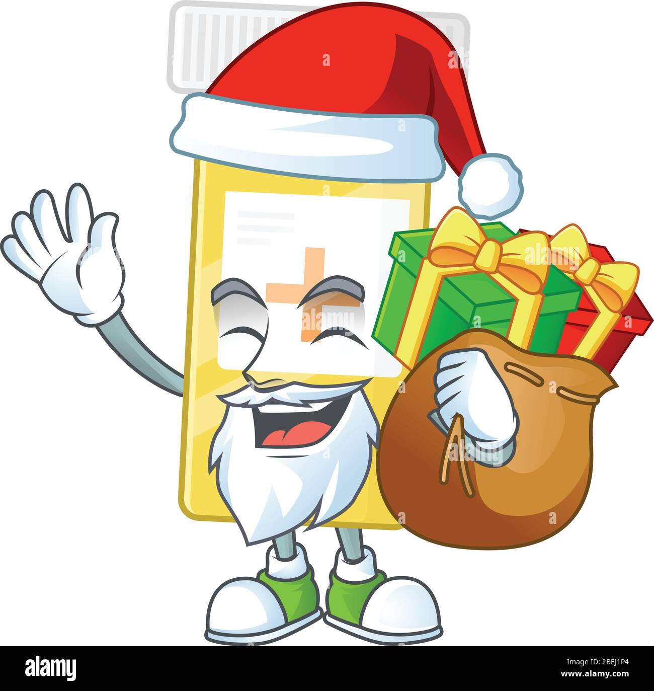 Santa medicine bottle Cartoon character design with sacks of gifts ...