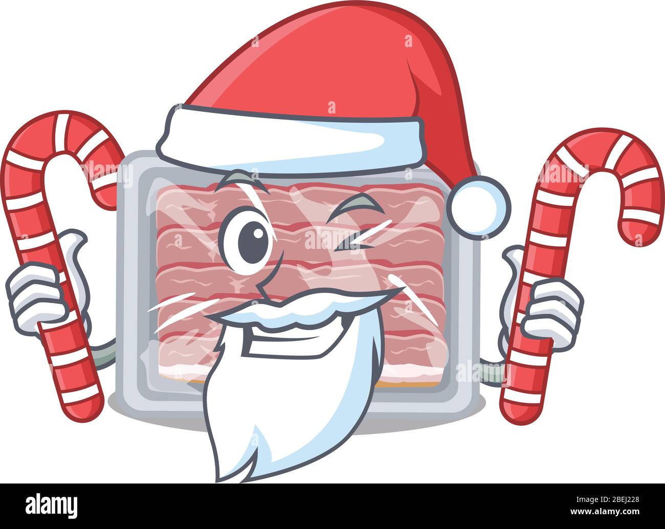 Friendly frozen smoked bacon in Santa Cartoon character holds Christmas ...