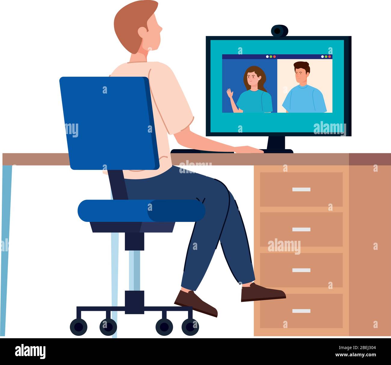 man in video conference with computer in workplace Stock Vector Image ...