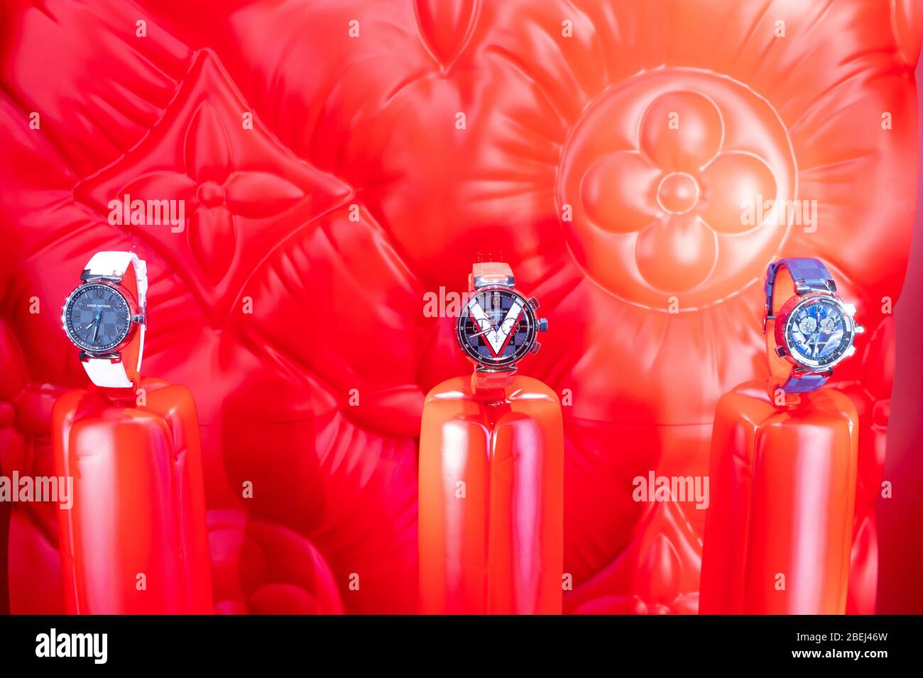Geneva, Switzerland, March 2020: Louis Vuitton watch on display for ...