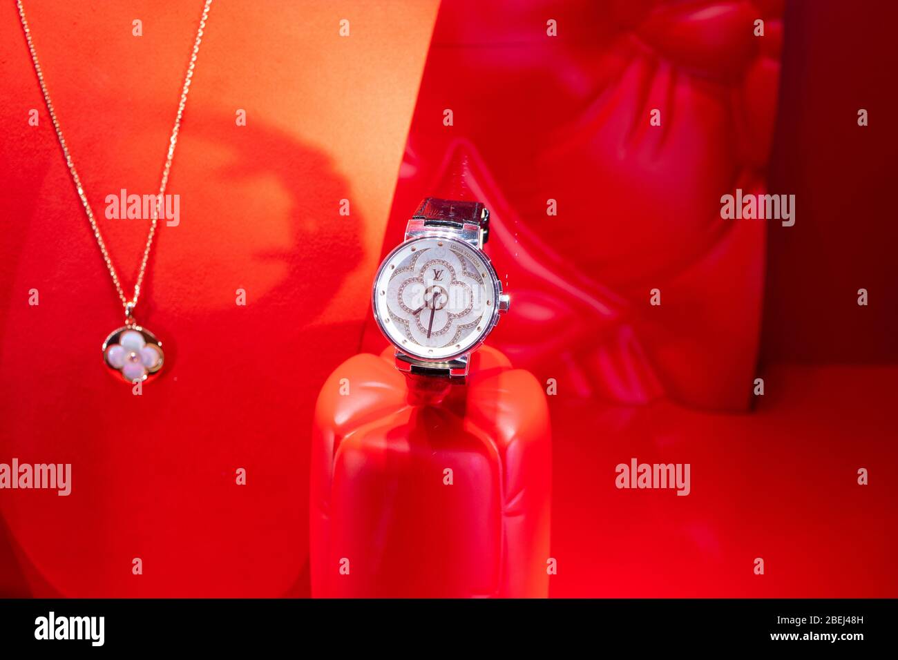 Geneva, Switzerland, March 2020: Louis Vuitton watch on display for ...