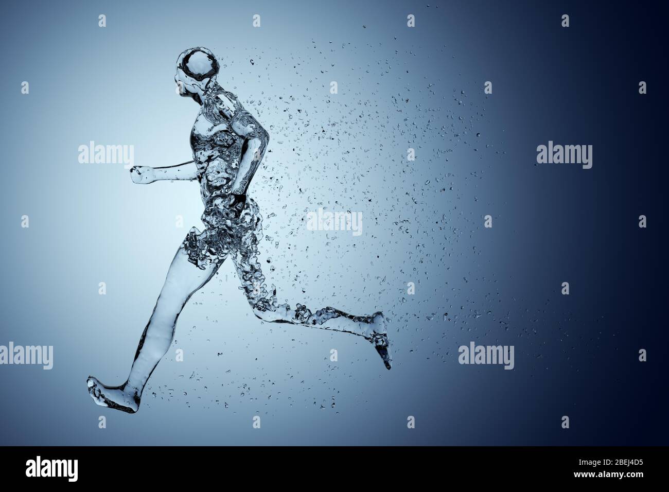 Human body shape of a running man filled with blue water on blue ...