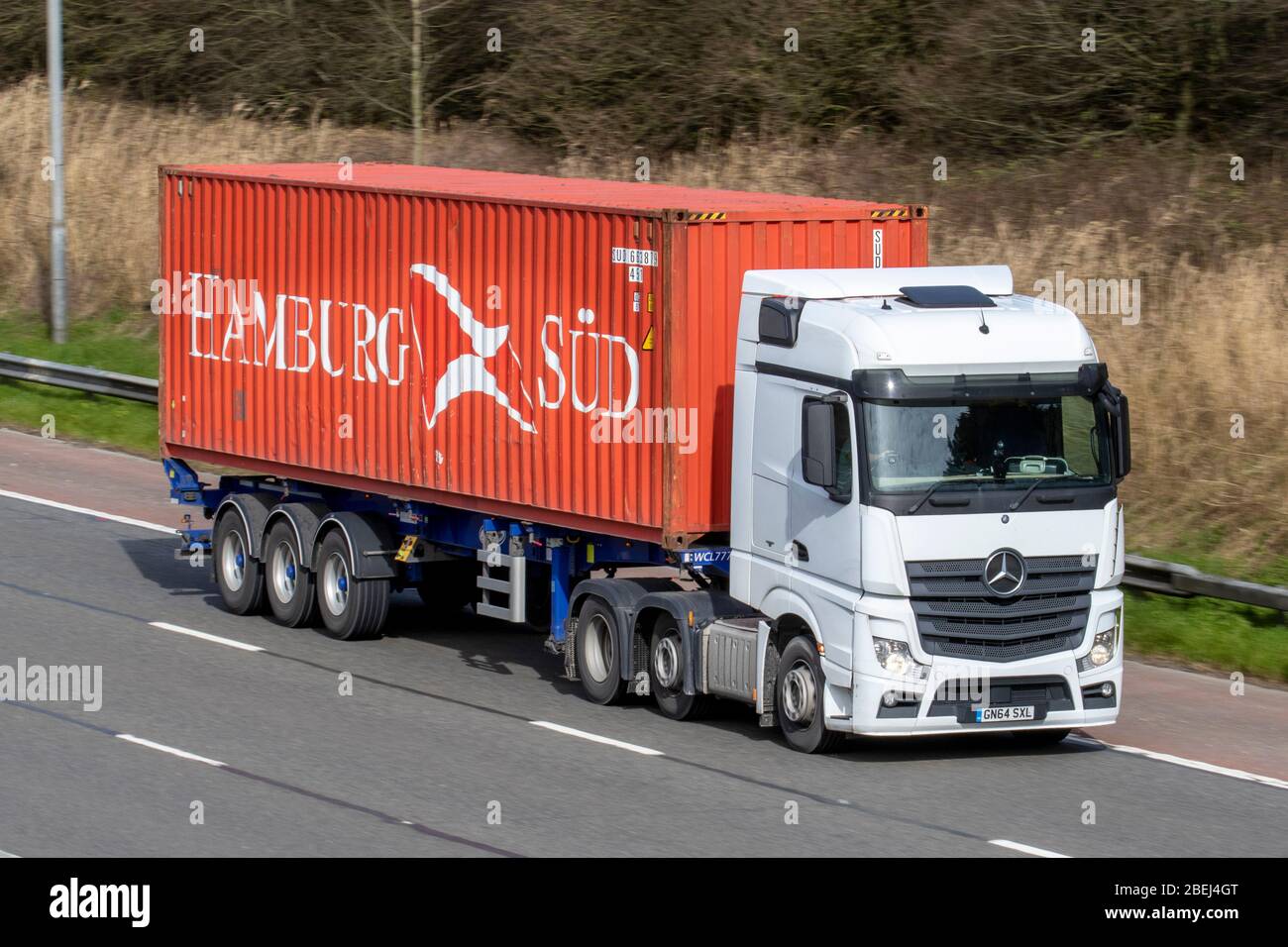 Container shipping company, Hamburg Süd Haulage delivery trucks, lorry ...
