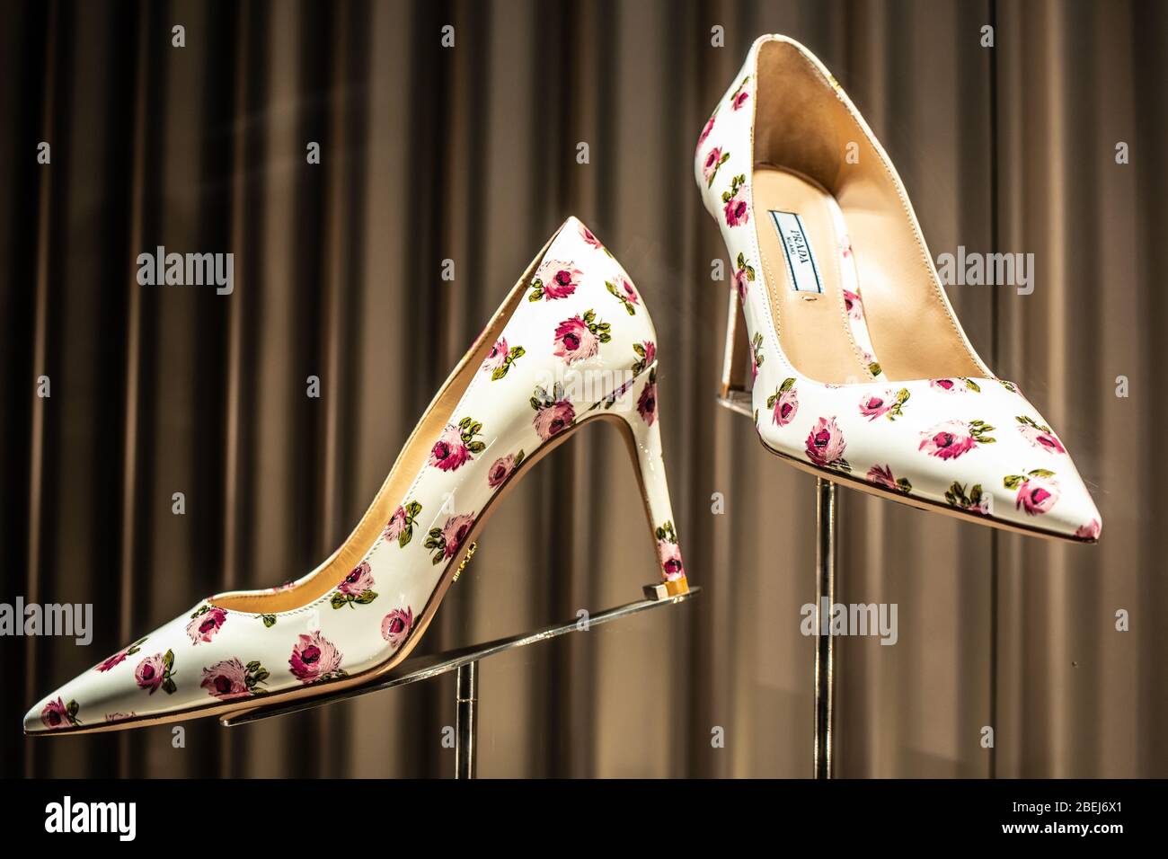 Geneva, Switzerland, March 2020: Prada fashion store, window shop, bags ...