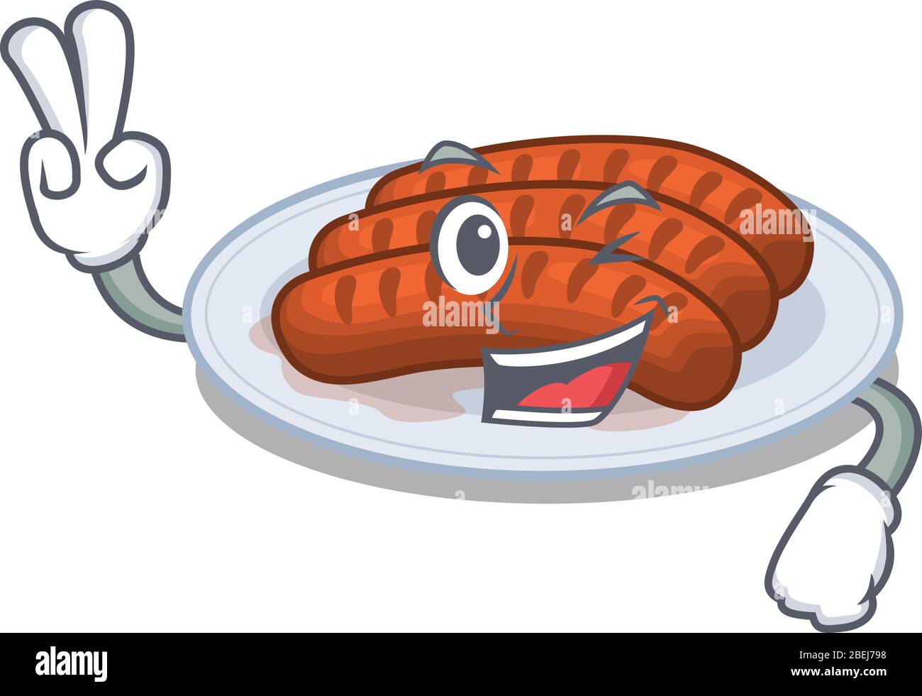 Happy grilled sausage cartoon design concept with two fingers Stock ...