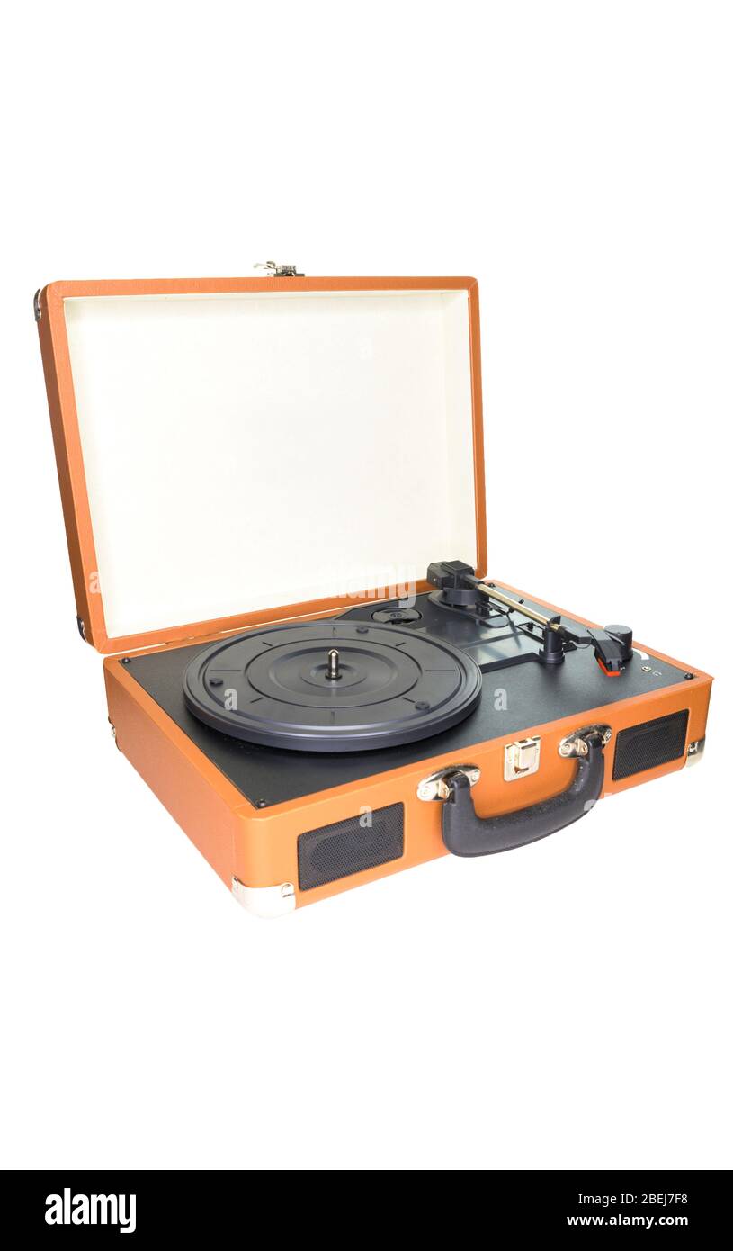 Old-fashioned suitcase record player and turntable, isolated on white ...