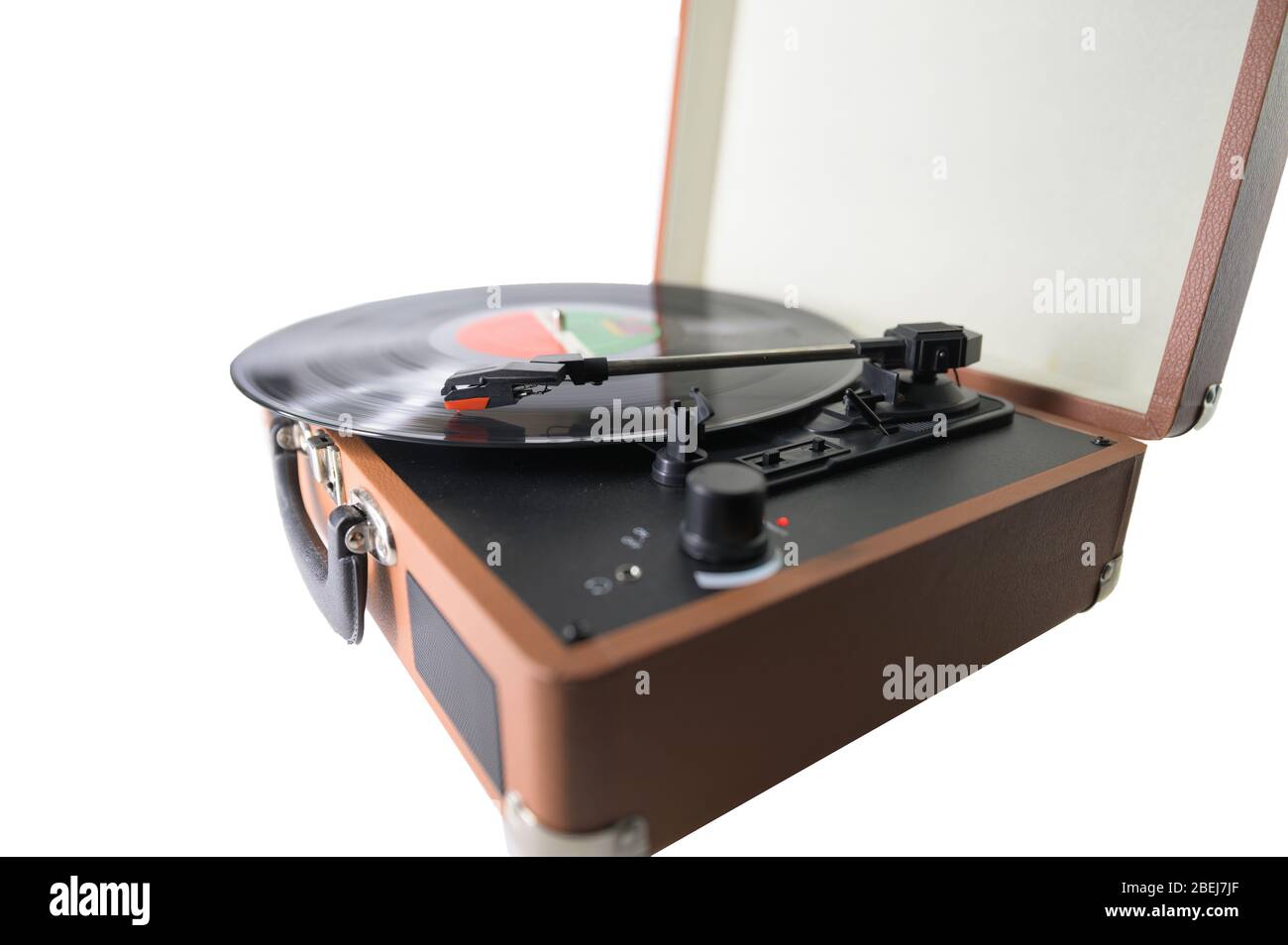 Close-up of an old-fashioned suitcase record player and turntable with ...