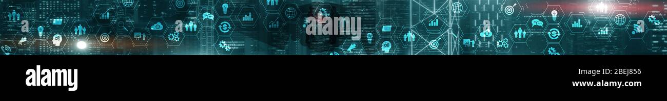 Digital business interface and icons. Panorama for banners. Diagrams on ...