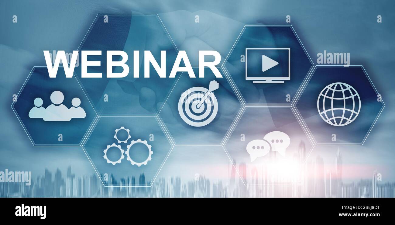 Inscription on virtual screen: Webinar. Abstract business background ...