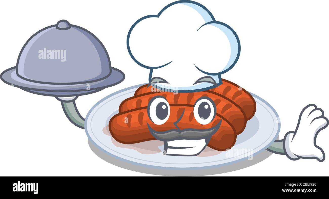 Grilled sausage chef cartoon character serving food on tray Stock ...