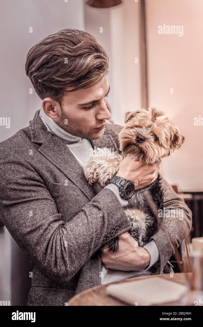 Portrait of a handsome man hugging small dog to his chest in cafe Stock ...