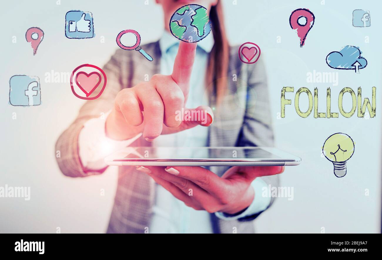 Text sign showing Follow. Business photo text to come after something ...