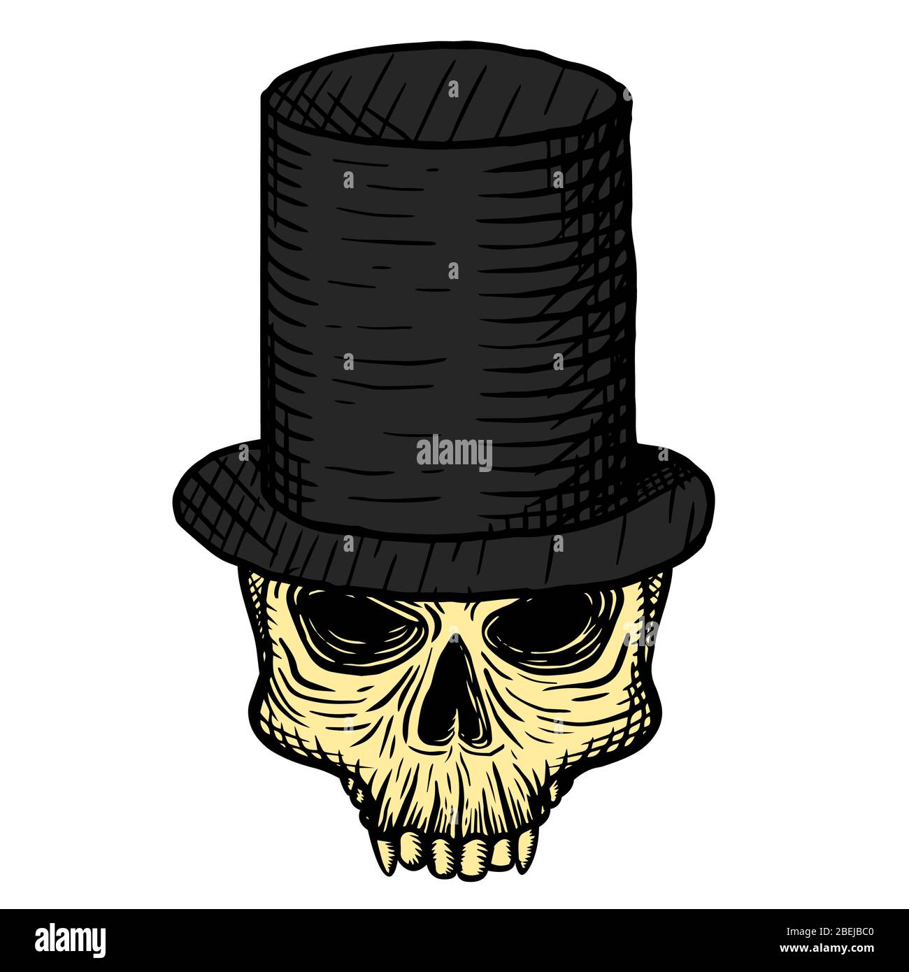 Hand drawn skull of a dead man in a black top hat, on a white ...
