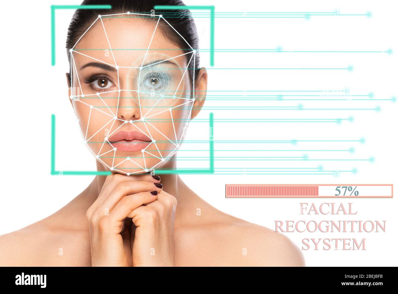 Biometric Authentication Concept Facial Recognition System Of Beautiful Woman On White