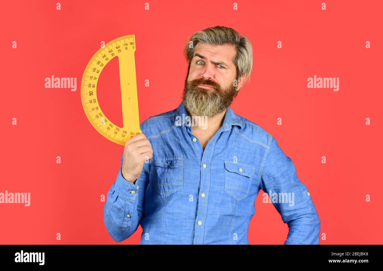 start the brain engine. bearded tutor man with ruler. draw and measure ...