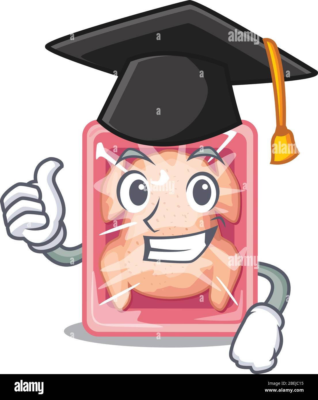 Happy face of frozen chicken in black graduation hat for the ceremony ...