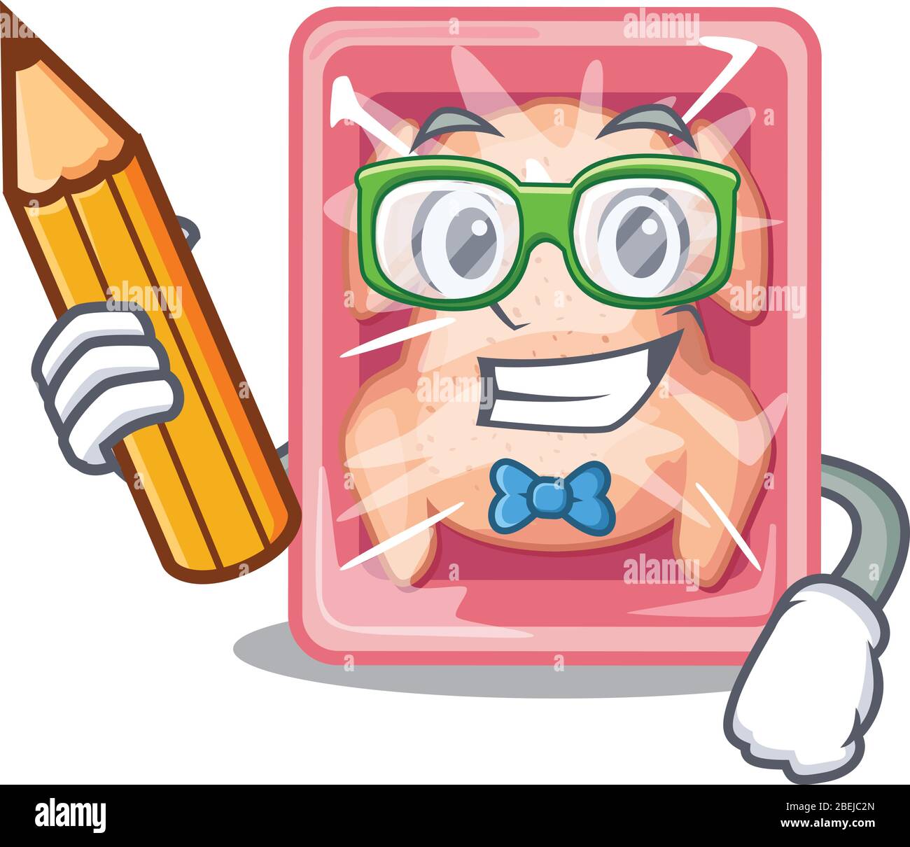 A brainy student frozen chicken cartoon character with pencil and ...