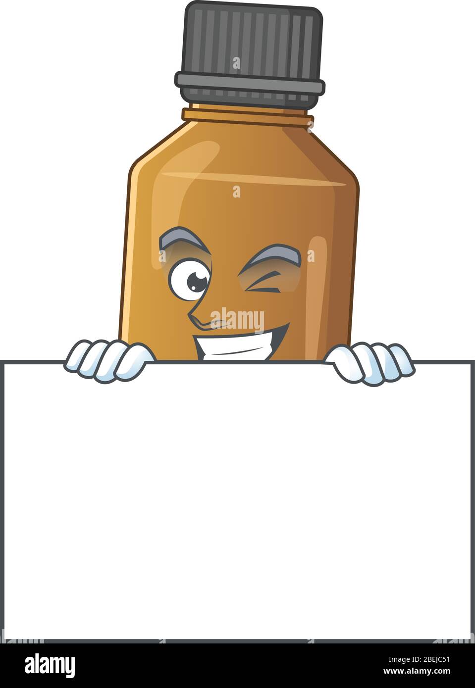 Sneaky syrup cure bottle cartoon character style hiding behind a board ...