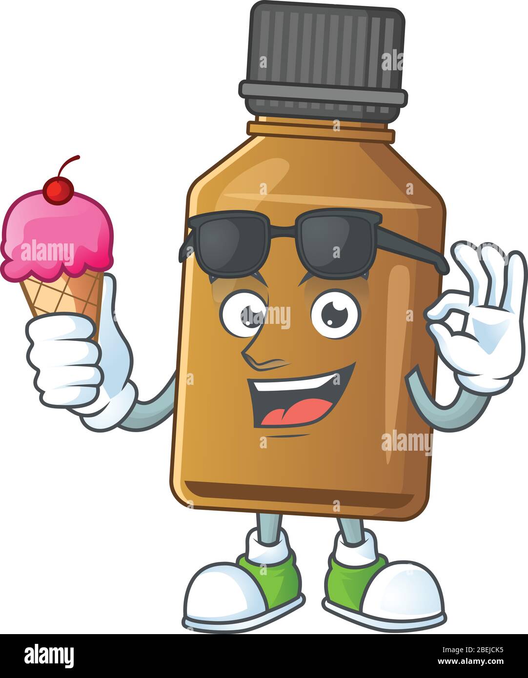 Cute syrup cure bottle cartoon character enjoying an ice cream Stock ...