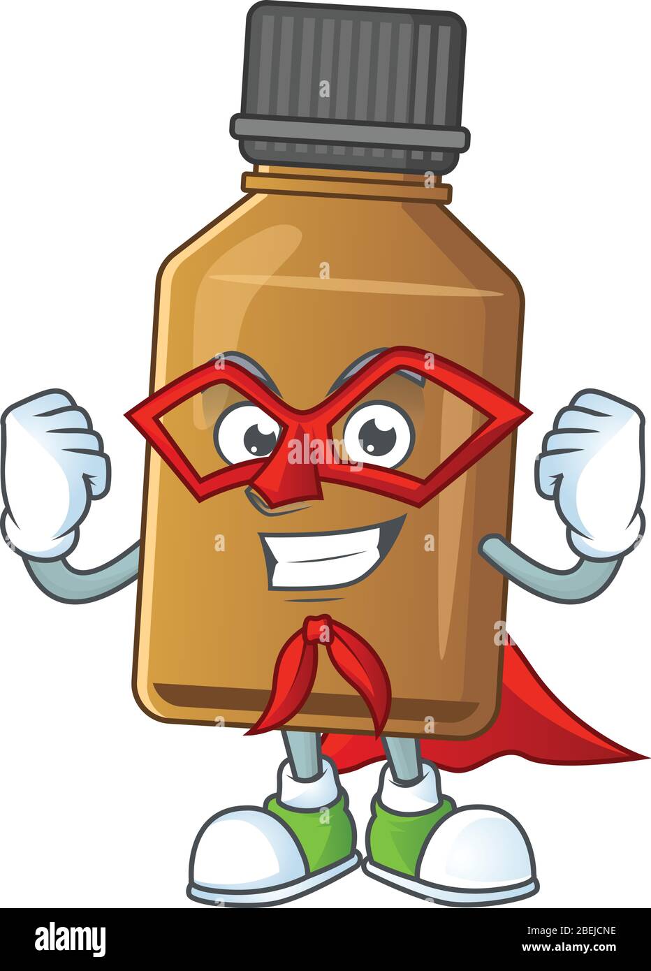 Syrup cure bottle cartoon design concept dressed as Super hero Stock ...