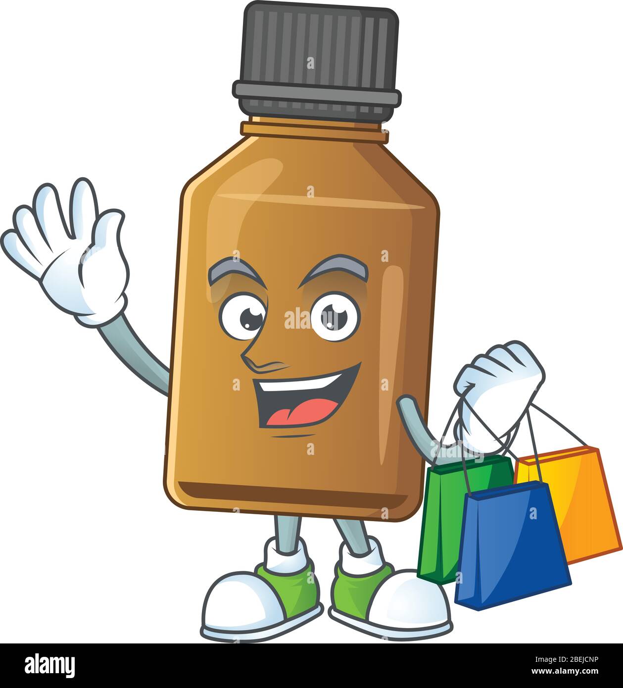 cartoon character concept of rich syrup cure bottle with shopping bags ...