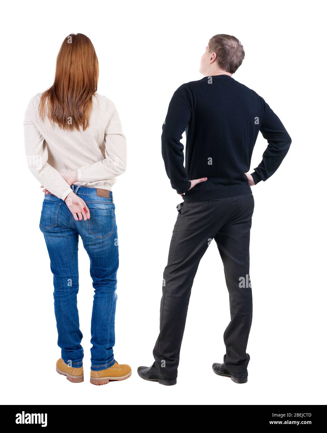 Back view couple in sweater. beautiful man and woman. Rear view people ...