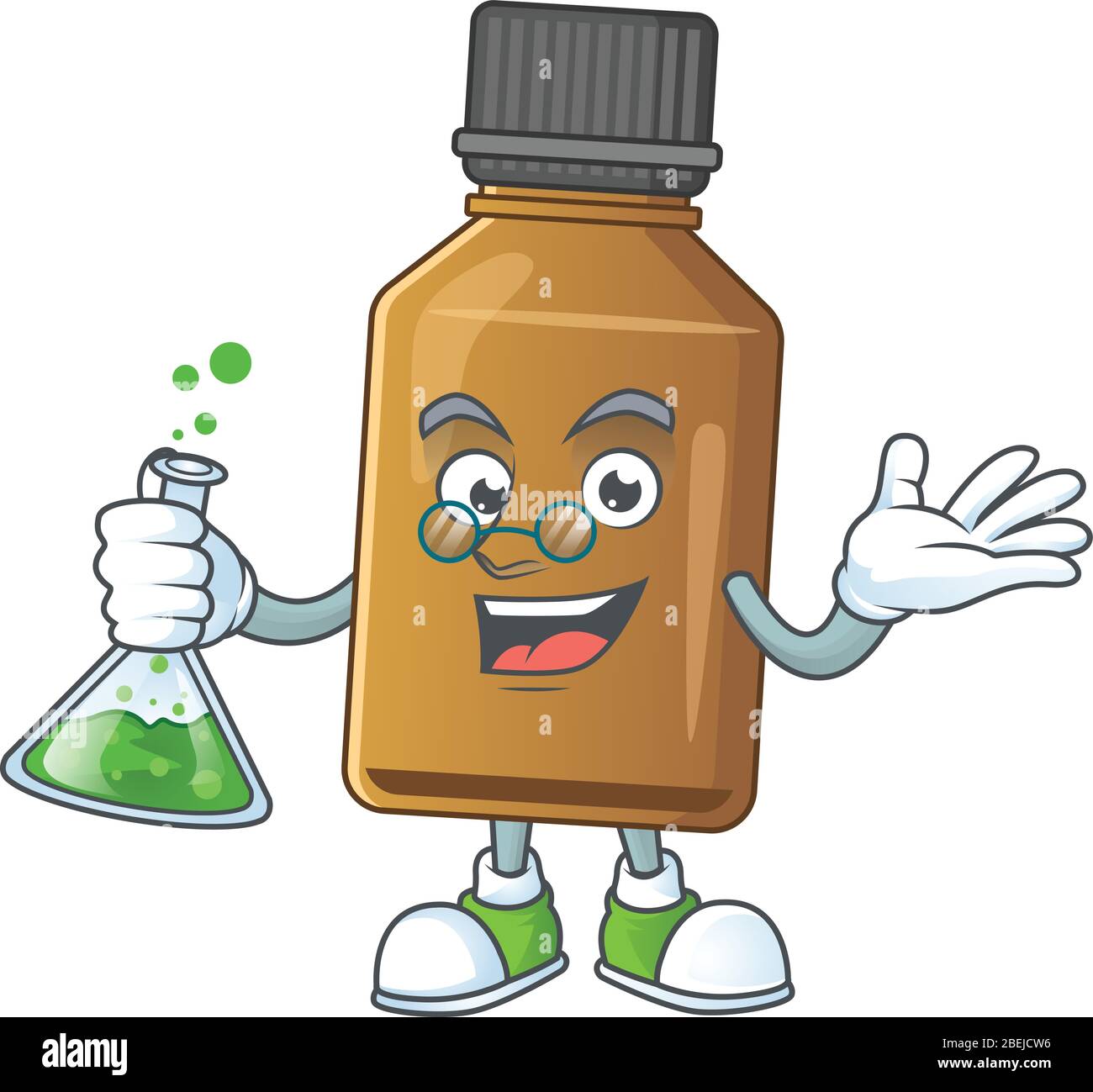 Syrup cure bottle genius Professor Cartoon character holding glass tube ...