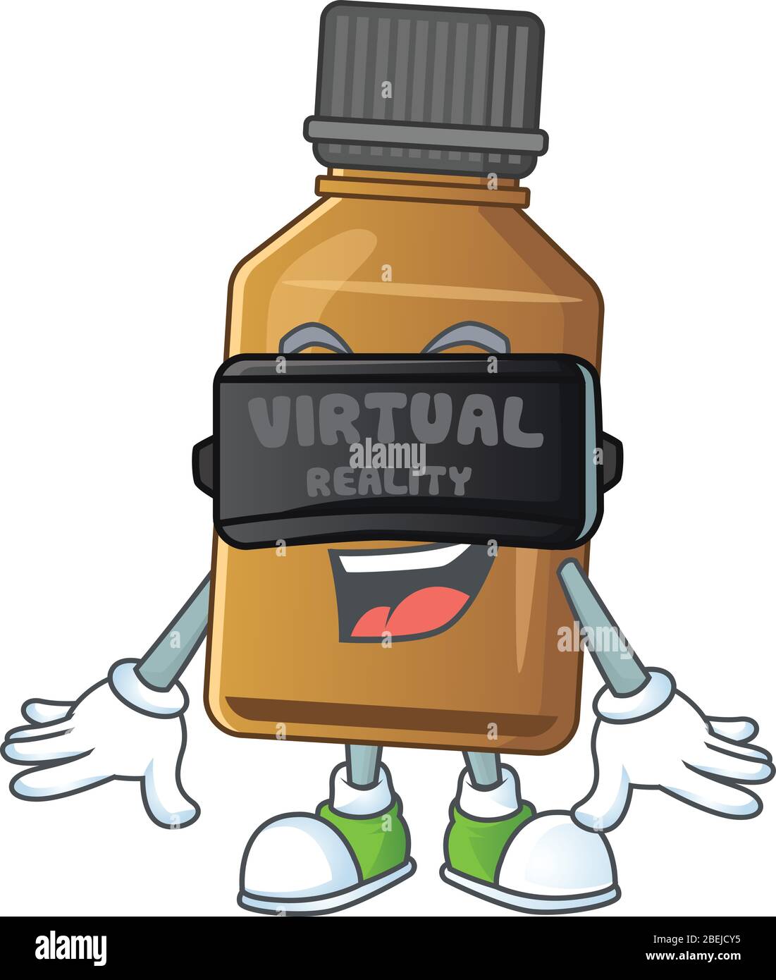 A cartoon mascot of syrup cure bottle enjoying game with Virtual ...