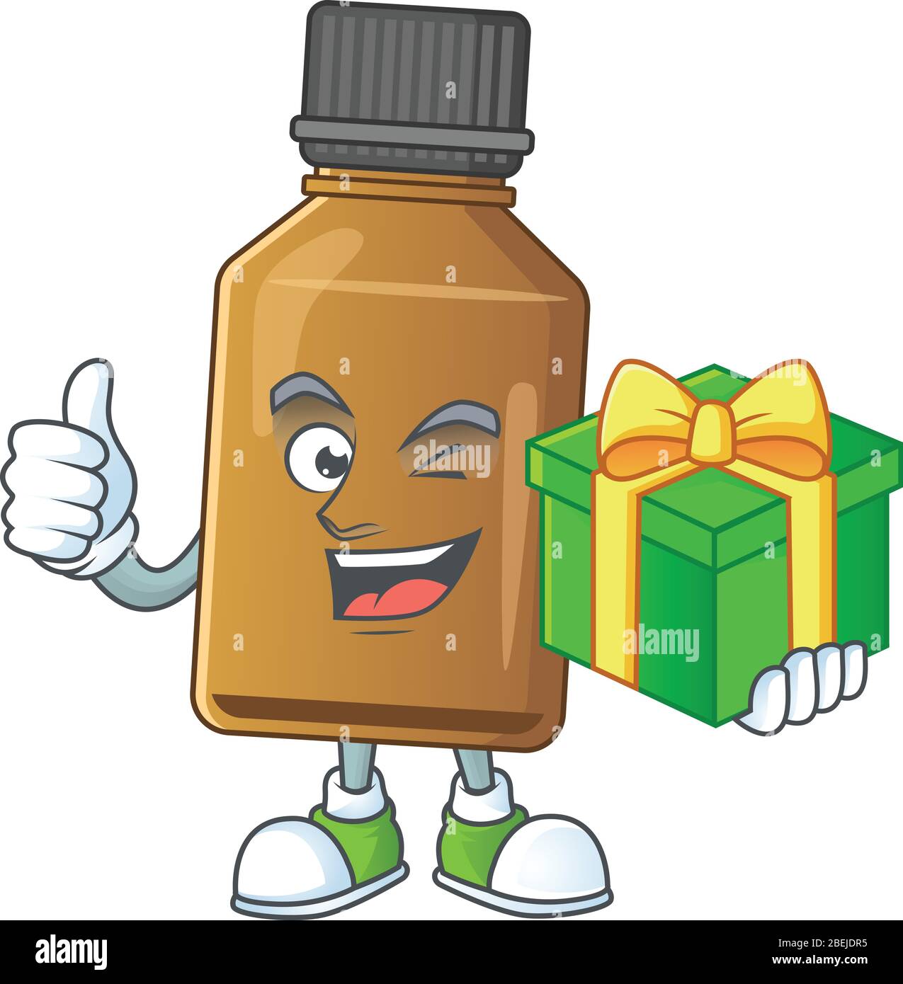 Smiley syrup cure bottle cartoon character holding a gift box Stock ...
