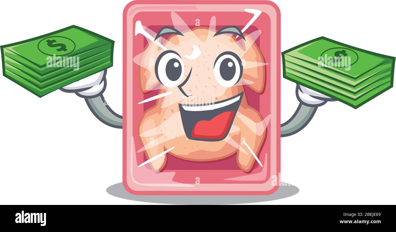 A wealthy frozen chicken cartoon character having money on hands Stock ...
