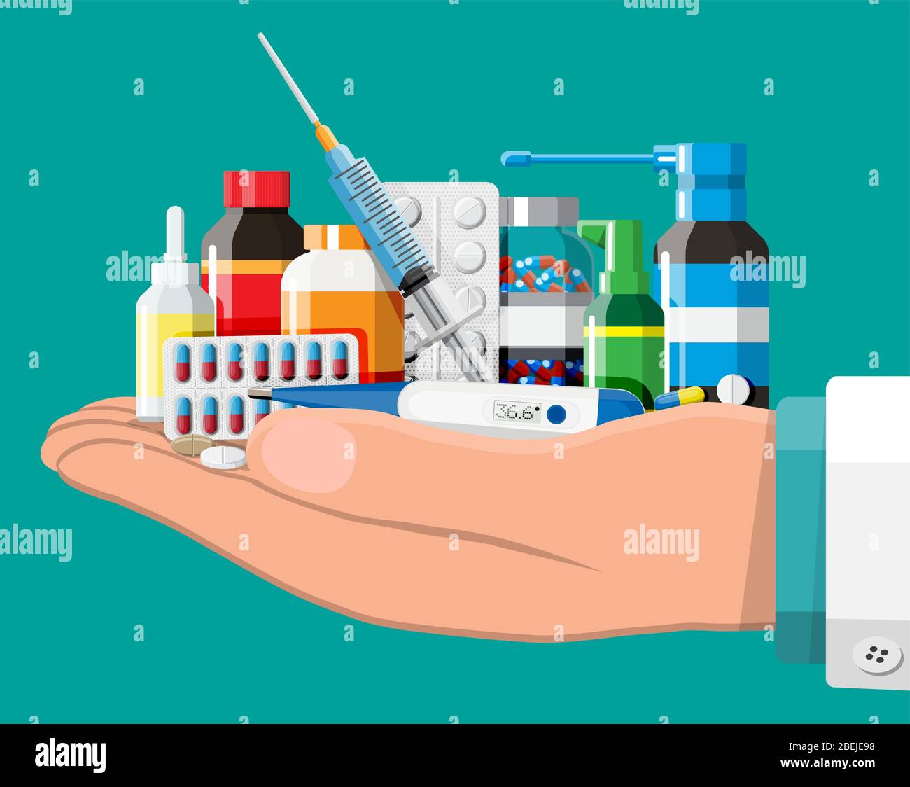 Medicine collection. Set of bottles, tablets, pills, capsules and ...