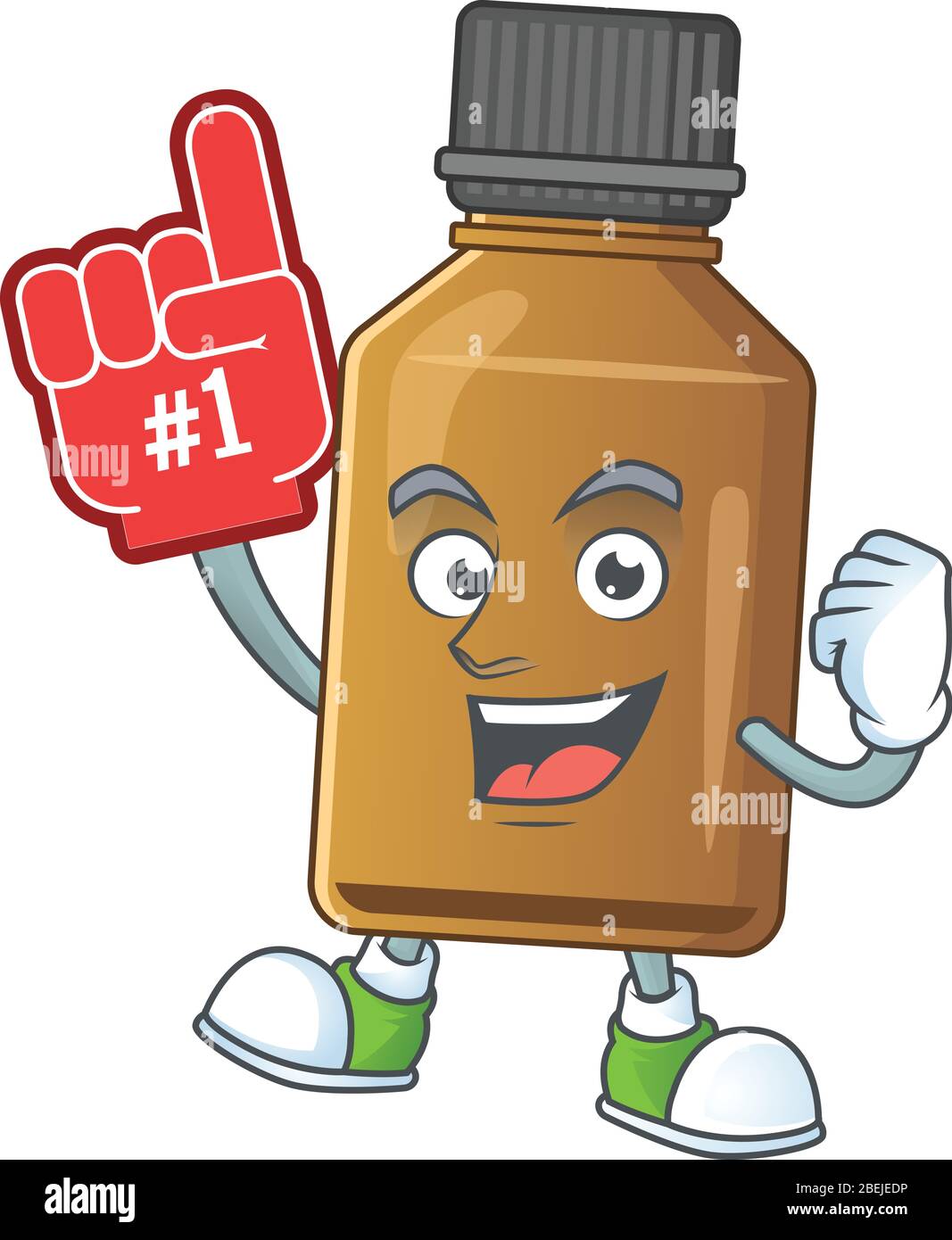 Cartoon character concept of syrup cure bottle holding red foam finger ...