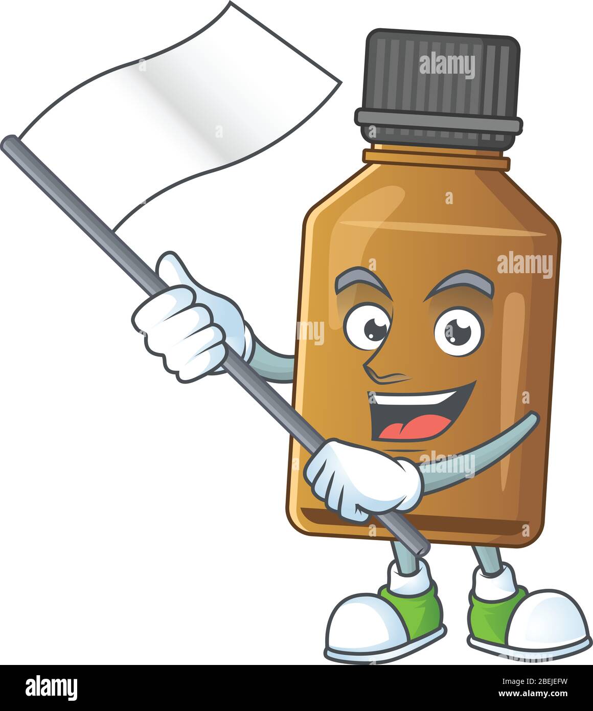 Cute cartoon character of syrup cure bottle holding white flag Stock ...