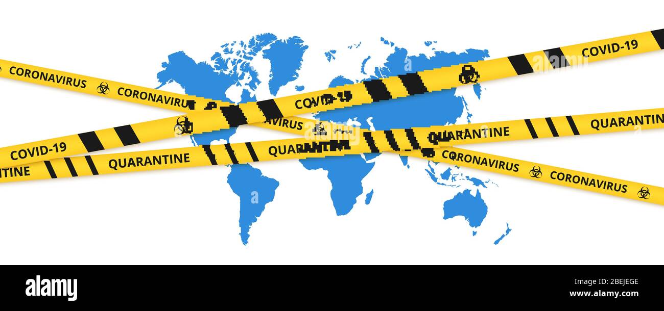 Coronavirus background of quarantine tape border above the world ...